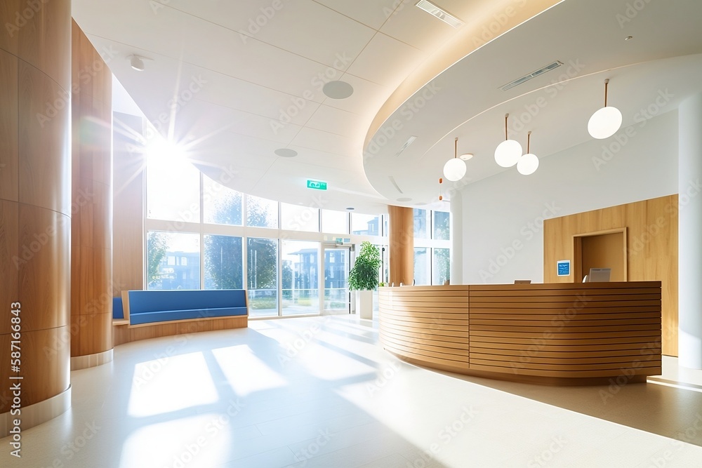 Wooden reception desk in a large office building with big windows ...
