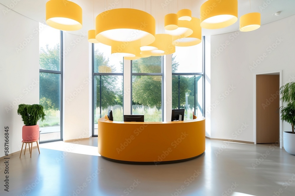 Yellow reception desk in a large office building with big windows ...