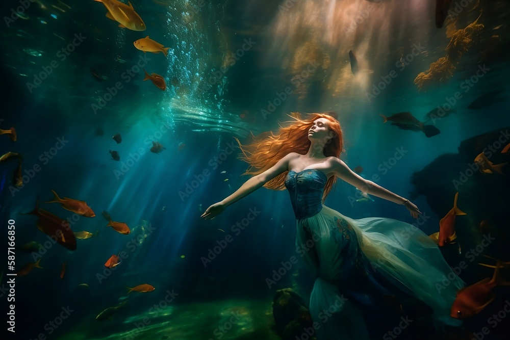Beautiful woman with red hair in blue dress swims under the water with ...