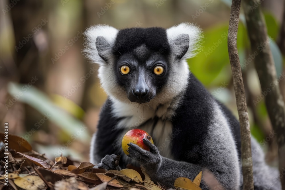 Indri indri Babakoto, the largest lemur of Madagascar, has a black and ...