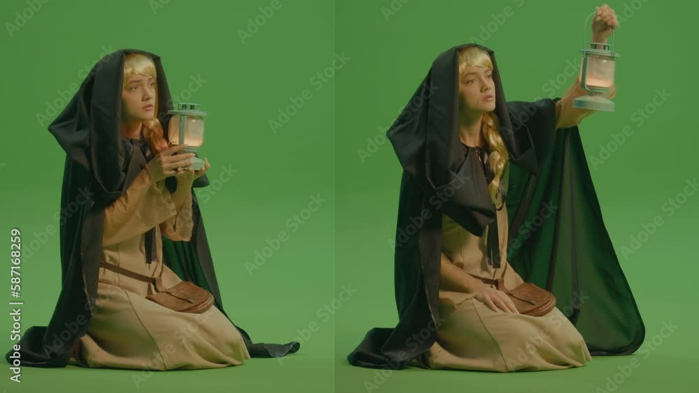 2-in-1 Split Green Screen Montage.A Fairy-tale Woman, in a Hooded Cloak ...