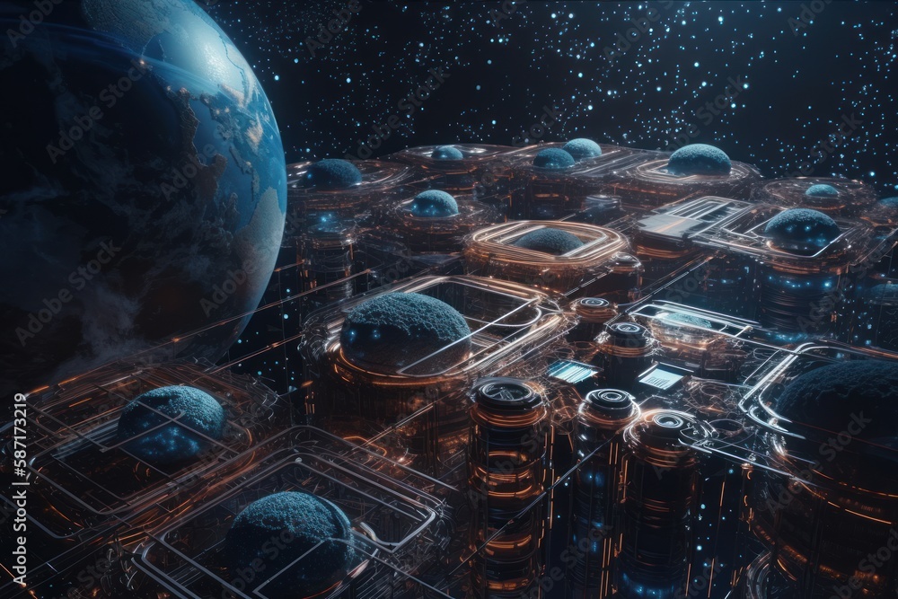 A Cartoon High-Tech 8K Futuristic Visualization of a Space-Based Cloud ...