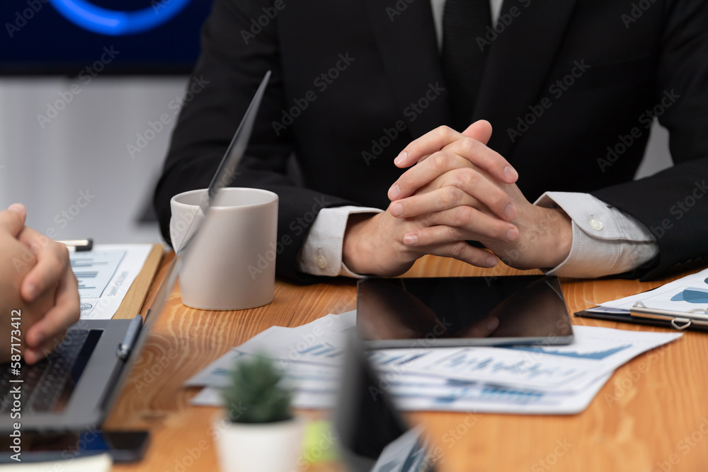 Closeup focus boss body language executive, CEO sitting confidently at ...