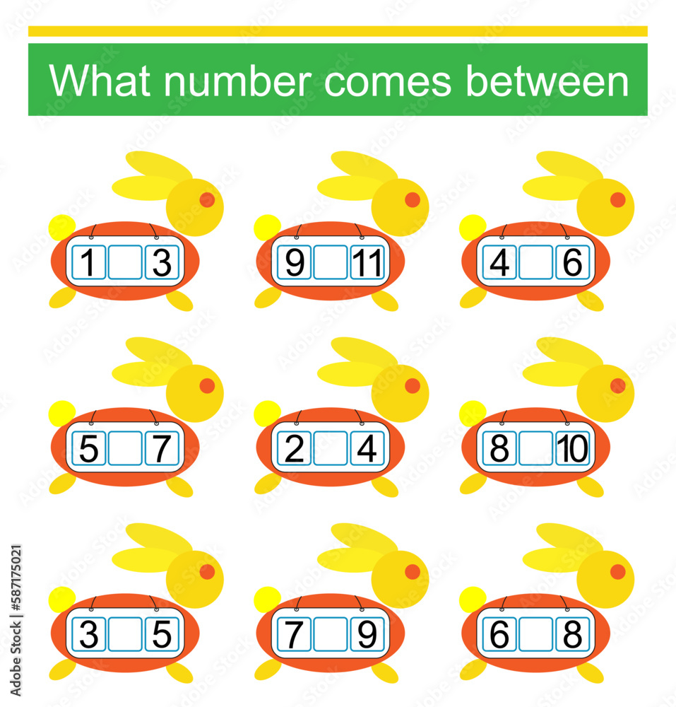 What number comes between? Math worksheets for kids. Vector ...