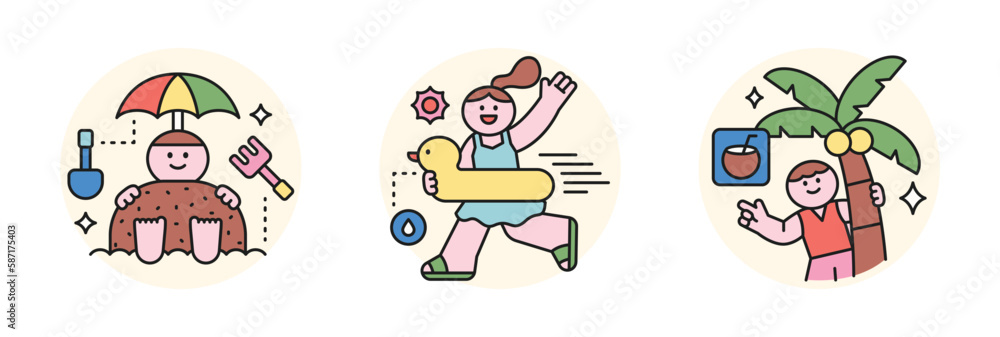 People enjoying summer. Sand bath on the beach, a girl running in a ...