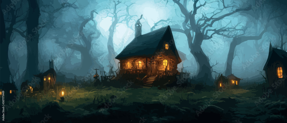 Night, moonlight, fantastic spooky house in a dark, spooky, wind, dark ...