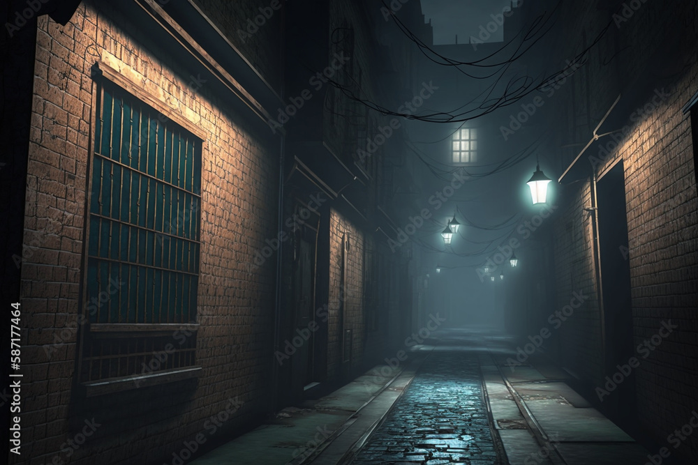 Gloomy scary alley with light lighting from the windows, Generative AI ...