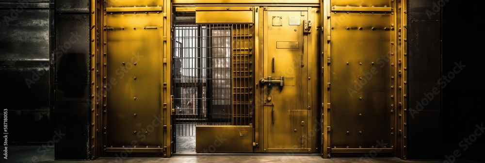 Gold gate, Gold door. Grungy gold security type door with rivets. An ...