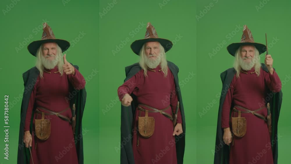 3-in-1 Split Green Screen Montage. An Old Wizard in a Magic Hat Casts a ...