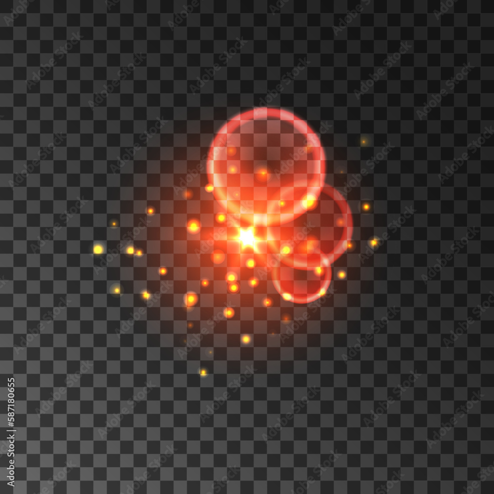 Glittering red sparkles with lens flare effect. Glowing fire sparks on ...
