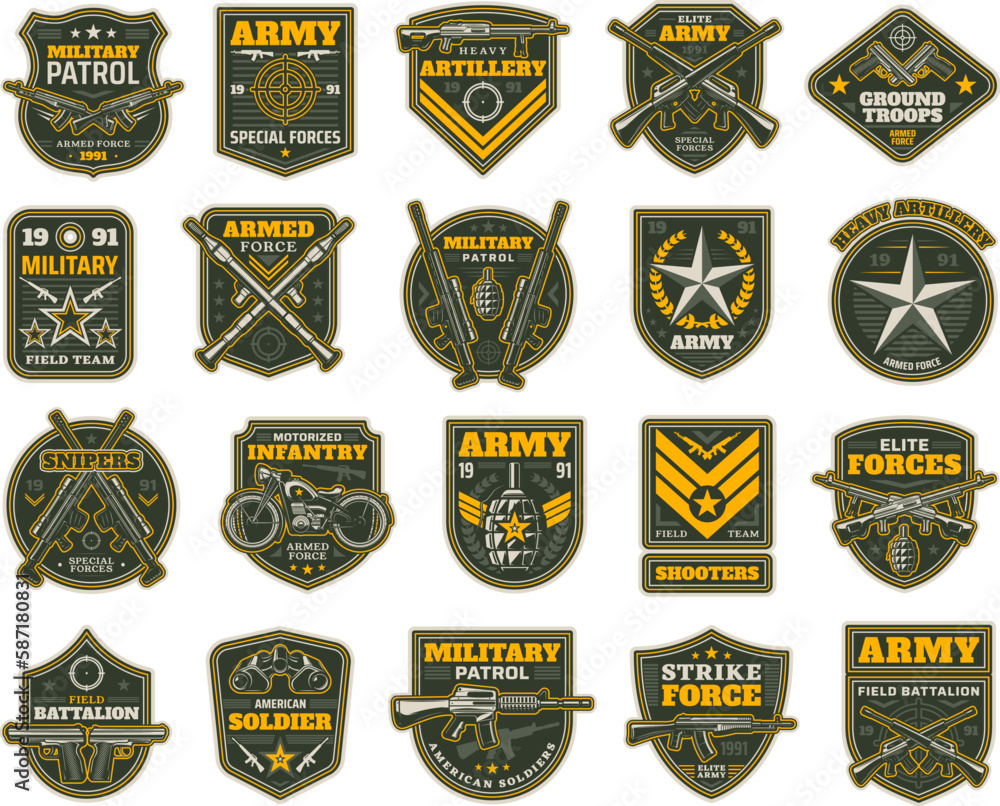 Military and army patches or icons, vector chevrons for sniper, shooter ...