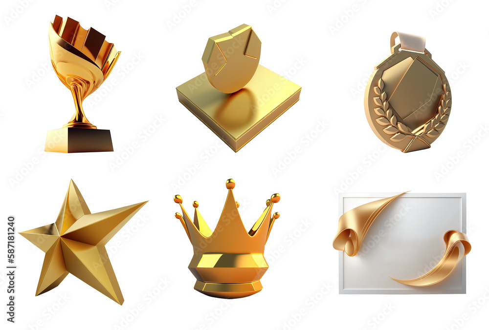 3d illustration Awards icons objects set. Crown, medal, certificate ...