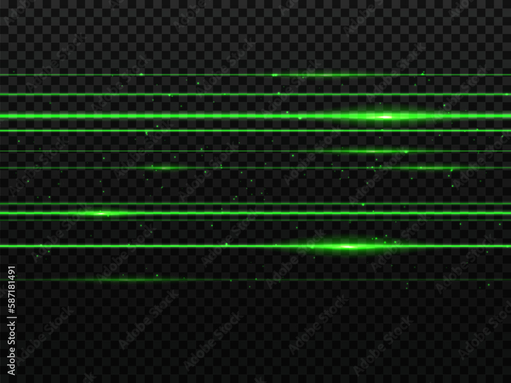 Laser green light beam lines, glow neon flashes and rays, vector effect ...