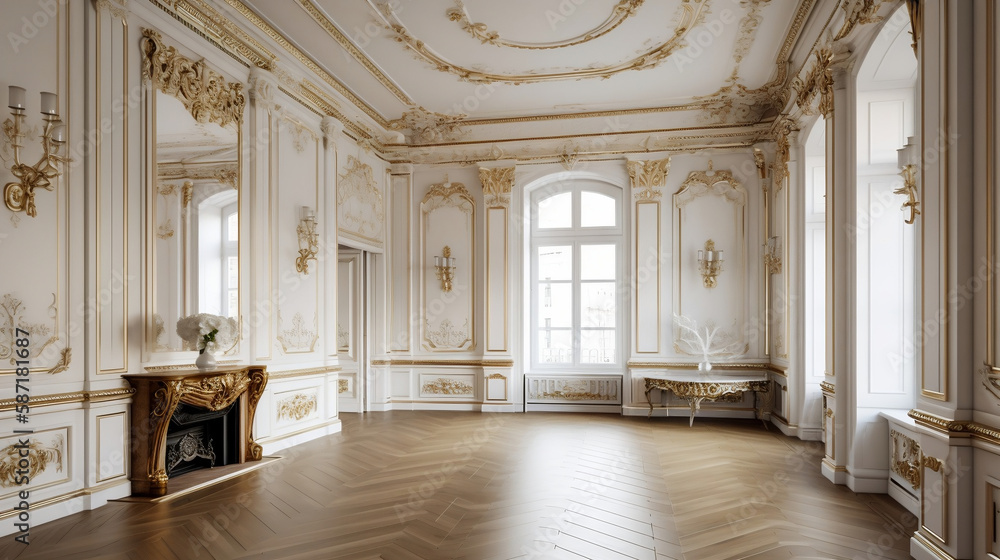 Interior design ideas for a white room with gold mold. Stock ...