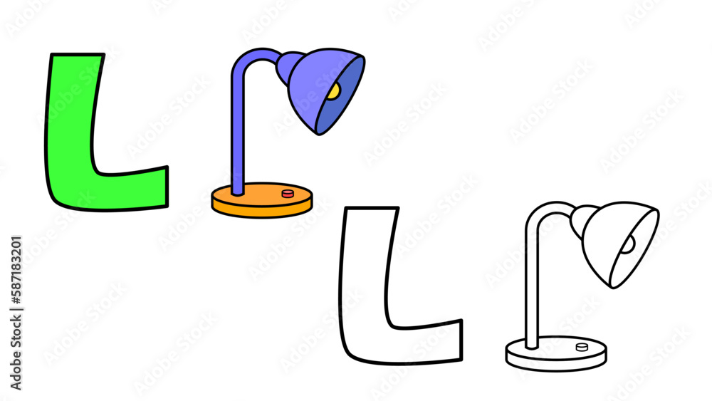 Cartoon lamp and letter L coloring book vector illustration for ...
