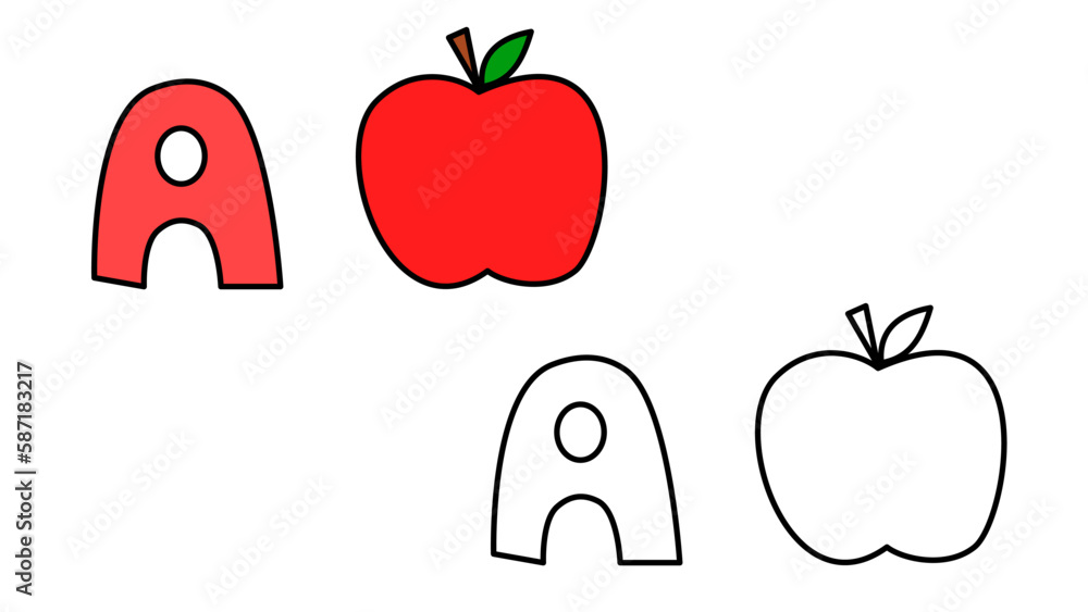 Cartoon apple and letter A coloring book. Vector illustration for ...