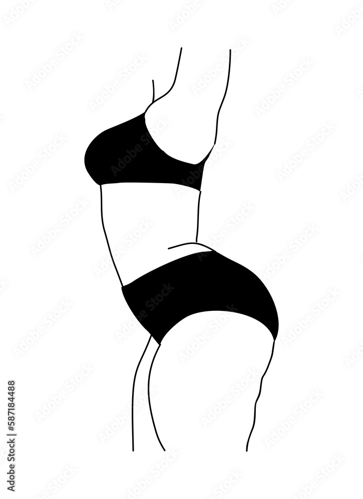 Line art illustration of curvy woman in underwear side view. Plus size ...