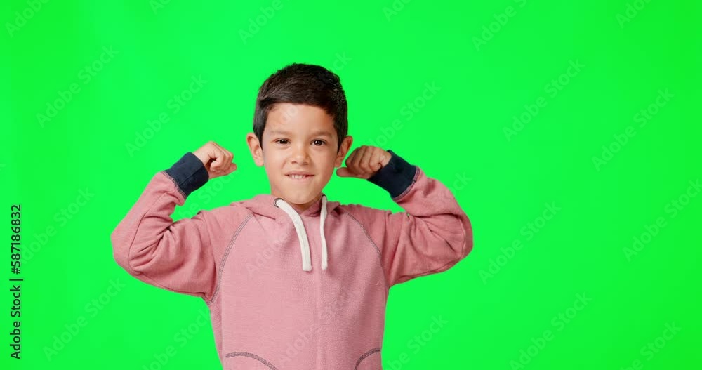 Face, kid and flexing muscle on green screen in studio isolated on a ...