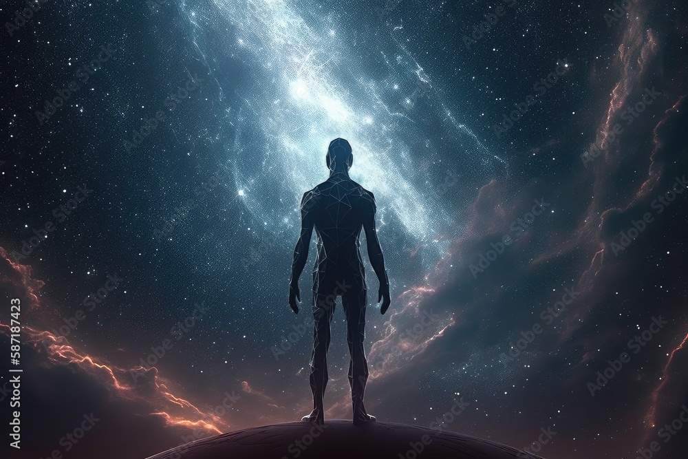 Stardust Voyager, An image of a human-like figure floating weightlessly in the depths of space ...