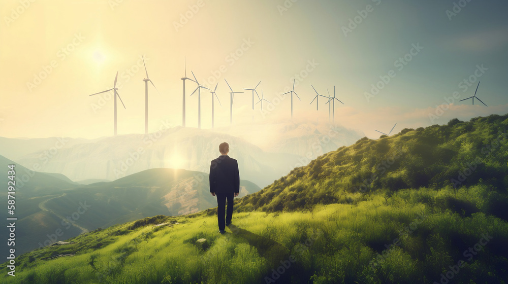 Renewable energy background with green energy. Solar panels and wind ...