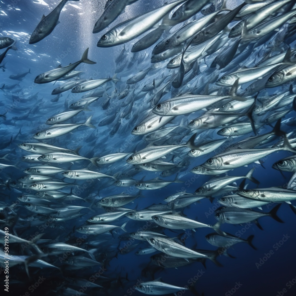 School of fish swimming in the ocean's depths. Underwater, a school of ...