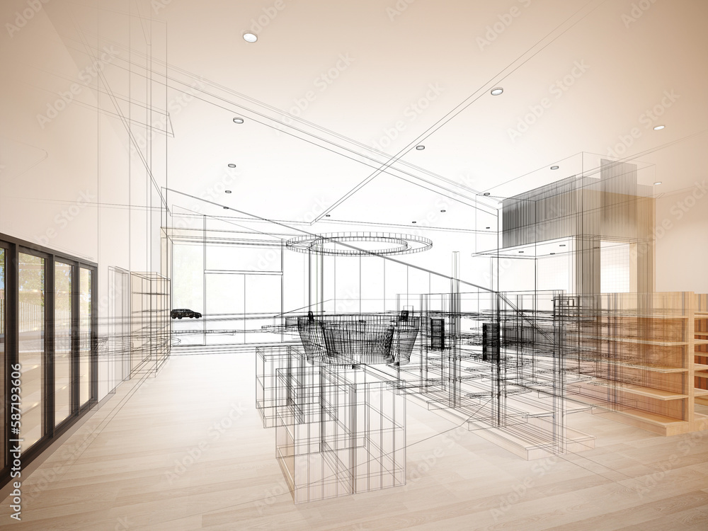abstract sketch design of supermarket ,3d rendering Stock Illustration ...