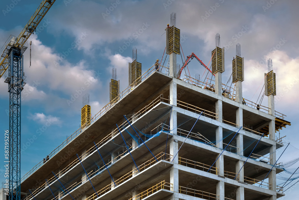 Poster Workers make a strapping of rebar for pouring concrete. – Wall ...
