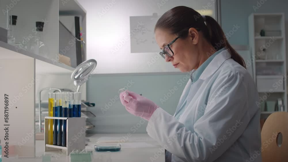 Side view waist up shot of concentrated young Caucasian female ...