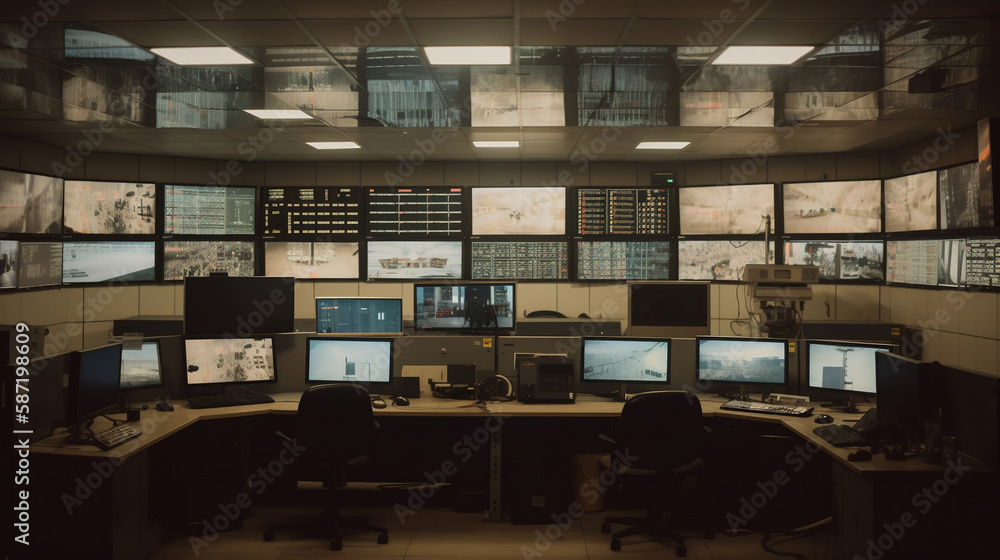 Regulation of Safety inside a CCTV room shows many monitors ...