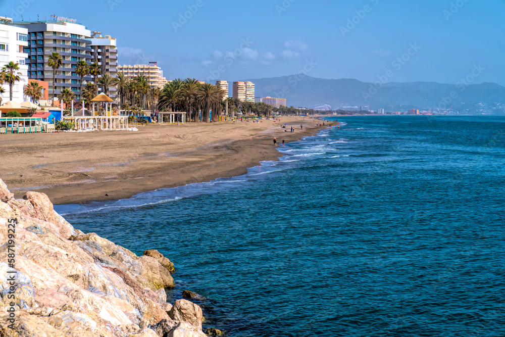 Playa del Bajondillo Torremolinos beach Andalusia Costa del Sol Spain ...