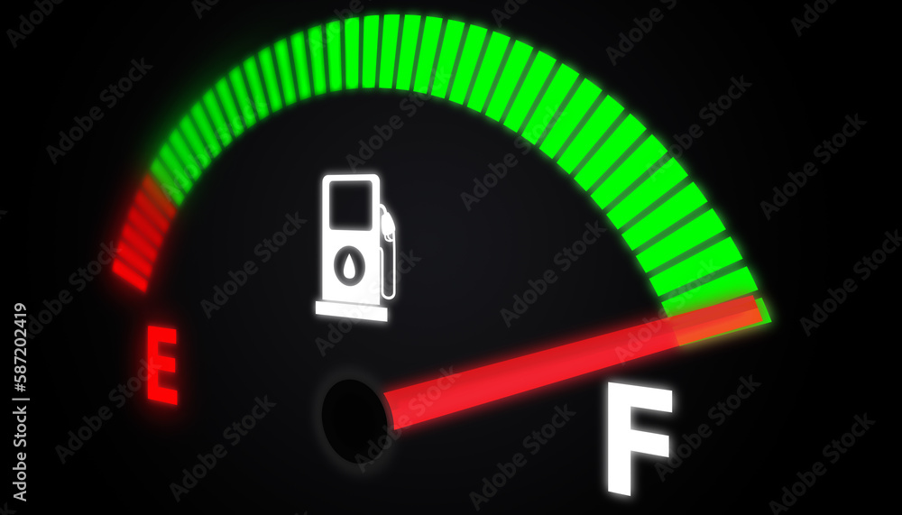 Fuel gauge full animation on the car dashboard. 3D render on a black ...