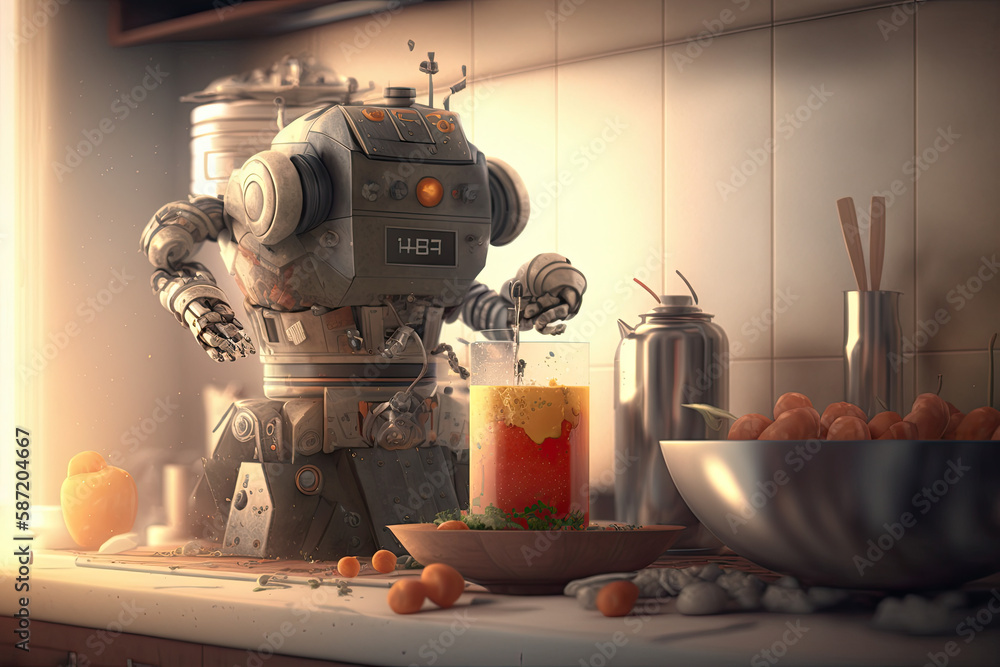 Illustrazione Stock Retro robot, cyborg, android, chef, food prep, cook ...