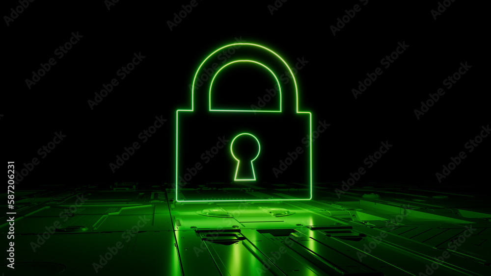 Green neon light lock icon. Vibrant colored Security technology symbol ...