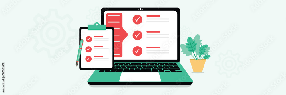 Computer laptop with checklist and pen. Task management concept. To do ...