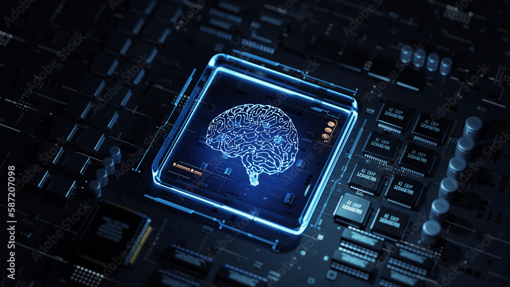3D Rendering of CPU on main board with digital circuit human brain ...