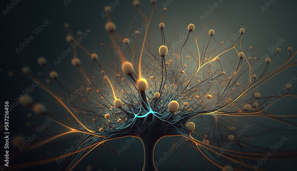 Generative AI, Conceptual illustration of neuron cells with glowing link knots in abstract dark ...