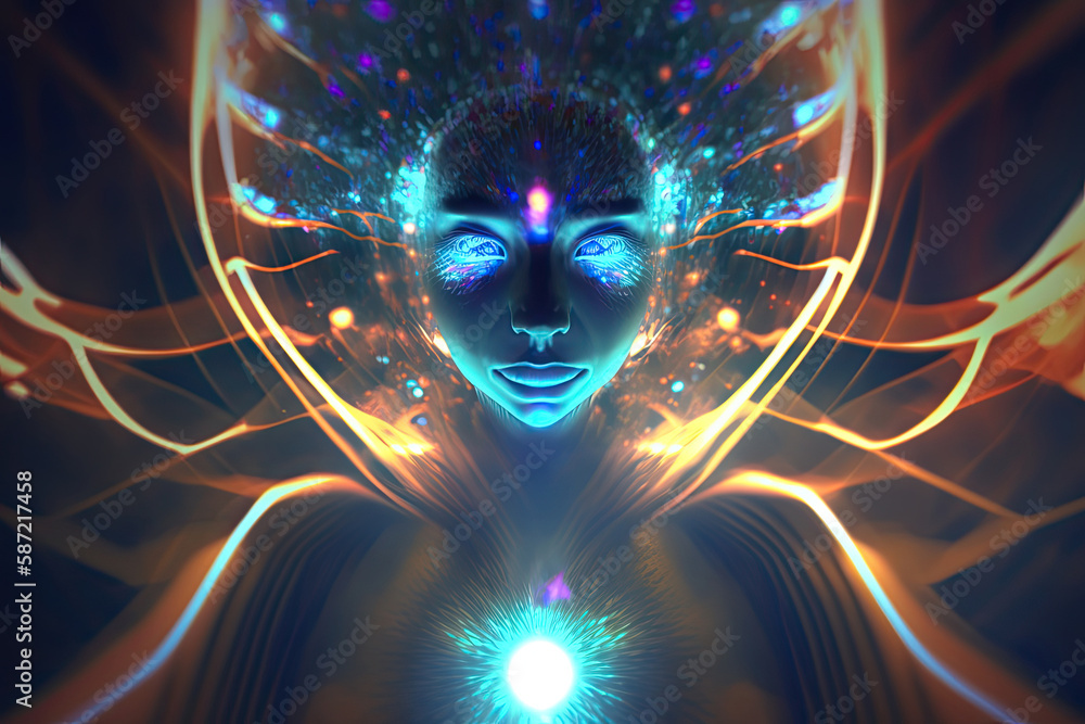 Cosmic trance and hypnosis concept of glowing body silhouette neural ...