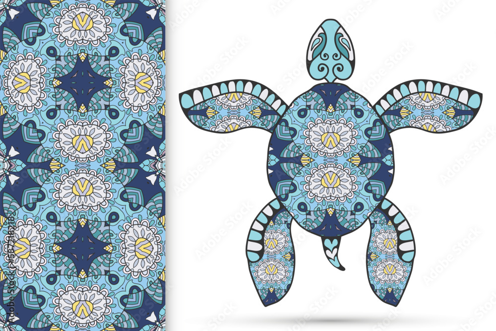 Decorative doodle turtle with ornament and colorful seamless hand drawn ...