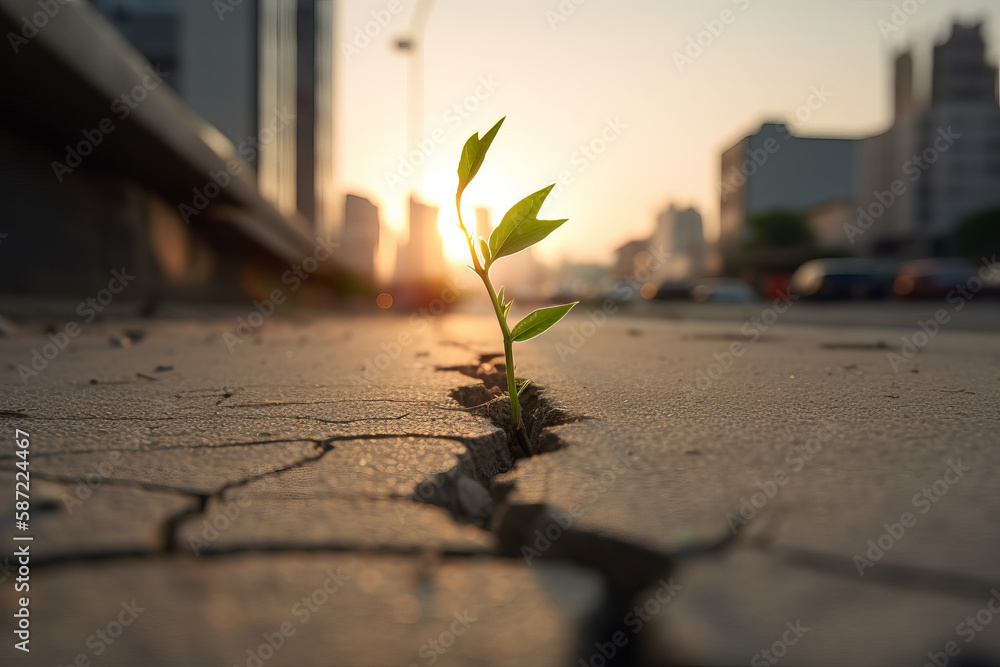 young evolving plant seedling growing out of craced concrete with city ...