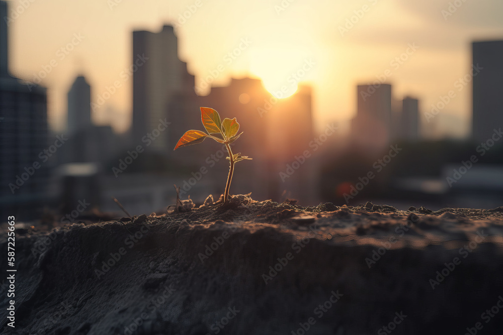 young evolving plant seedling growing out of craced concrete with city ...