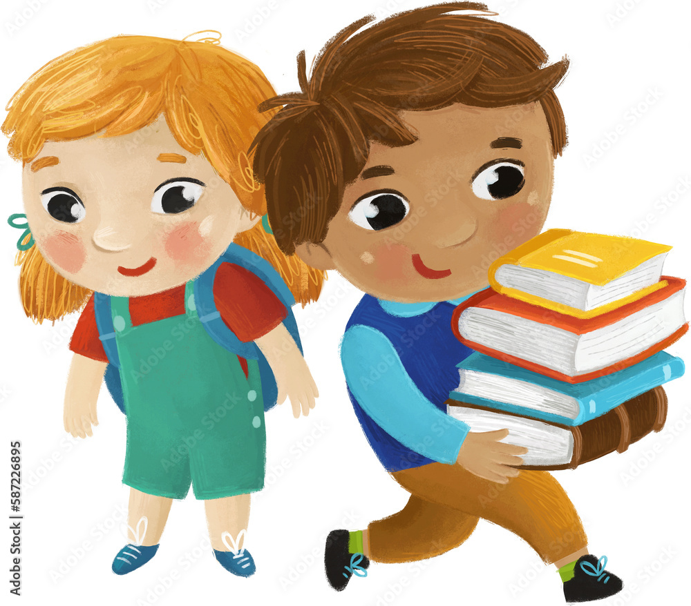 cartoon child kid boy and girl pupils going to school learning ...