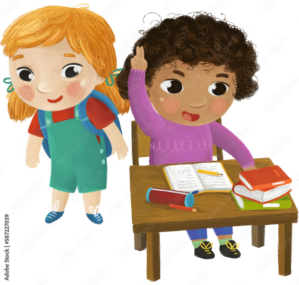 cartoon child kid girls pupil sitting in school desk learning reading ...