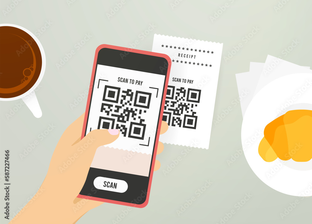 QR code payment concept. Hand holding smartphone that scans QR code on ...