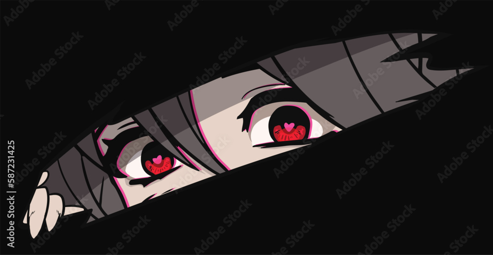 Anime manga eyes looking from a paper tear. Red yandere eyes with ...