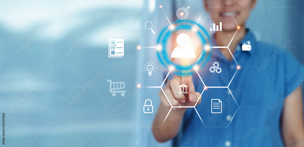 Businesspeople touching on screen to target customer. Target customer ...