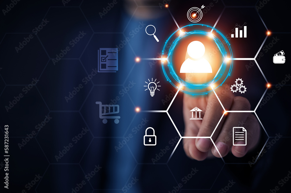 Businesspeople touching on screen to target customer. Target customer ...