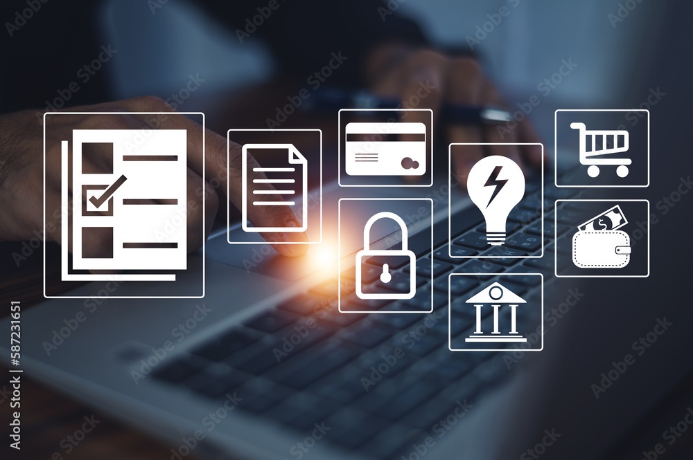 Document management concept, Businessman using computer to document ...