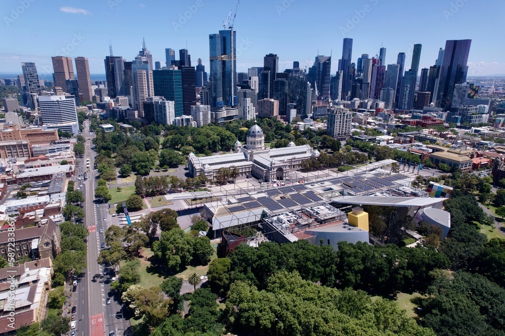 Aerial view of the Melbourne skyline with the iconic Royal Exhibition ...
