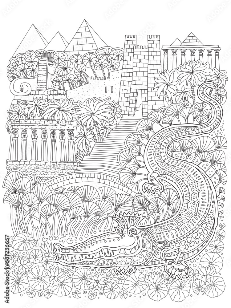 Fantasy ancient Egypt landscape. Fairy tale crocodile, temple, palm ...
