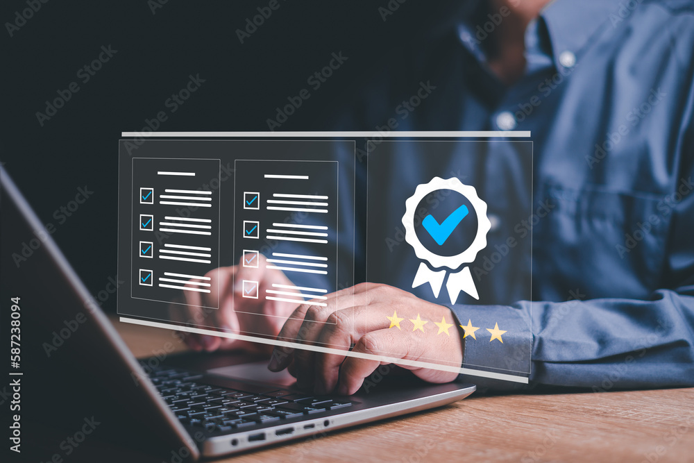 Customer Satisfaction Guarantee and digital checklist, Businessman use ...